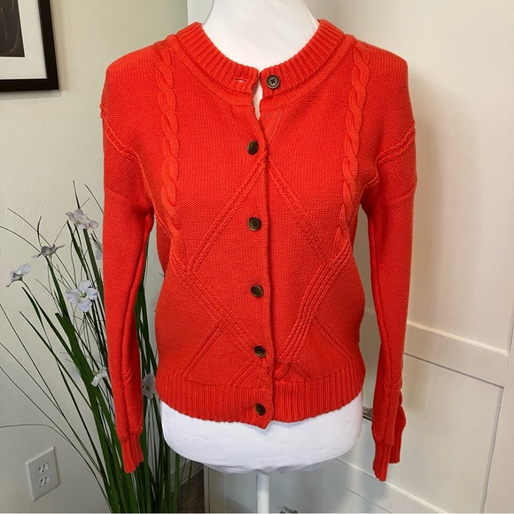 CAbi | Sweaters | Cabi Long Sleeve Cable Knit Orange Front Button ...